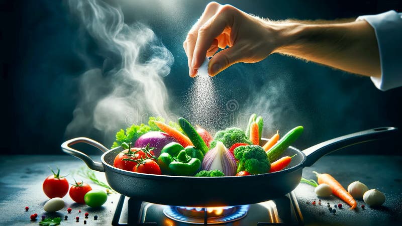 Chef S Hand Elegantly Sprinkling Salt Over an Assortment of Fresh ...