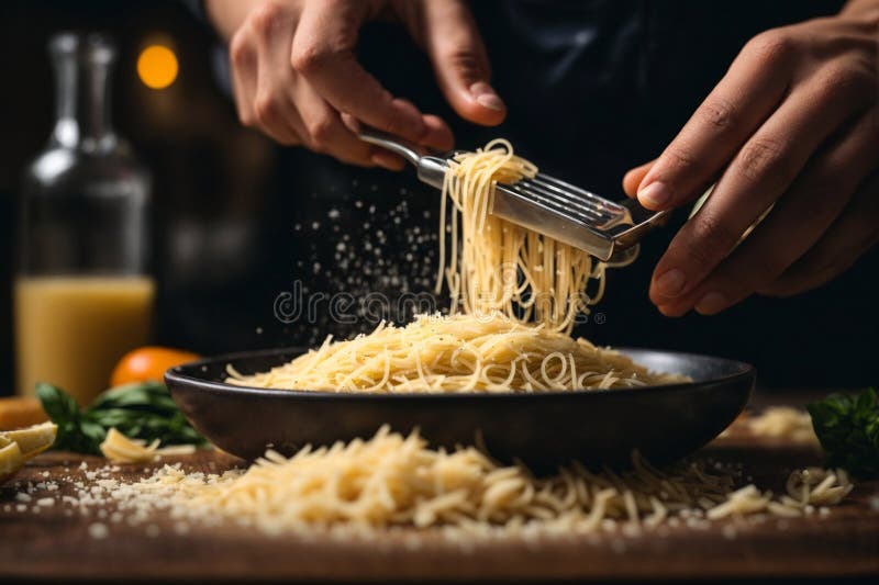A Chef S Hand Grating Fresh Parmesan Cheese Over a Bowl of Pasta Stock ...