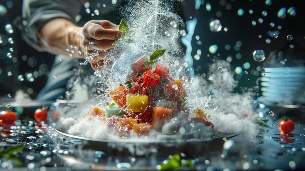 Chef Preparing Gourmet Dish with a Dramatic Explosion of Ingredients ...
