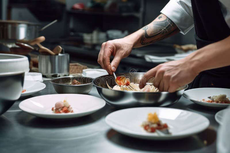 Chef S Hands Arrange Dishes in the Kitchen Stock Illustration ...