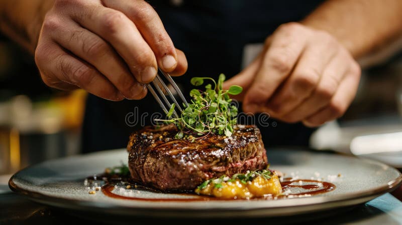 Chef Plating Gourmet Steak Dish with Microgreens - Culinary ...
