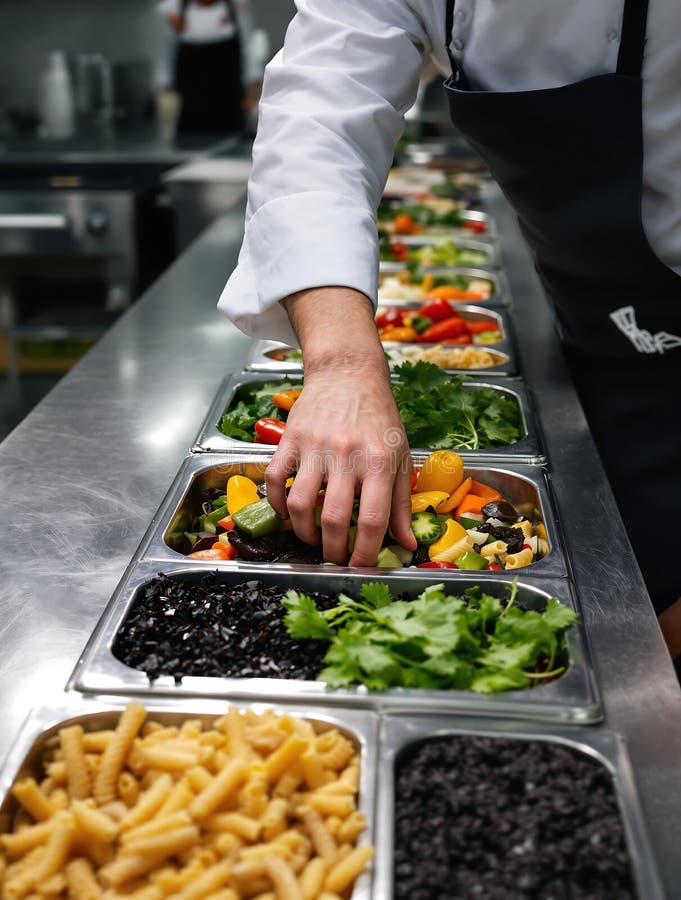 Chef Sorting Food Ingredients in Stainless Steel Trays Stock ...