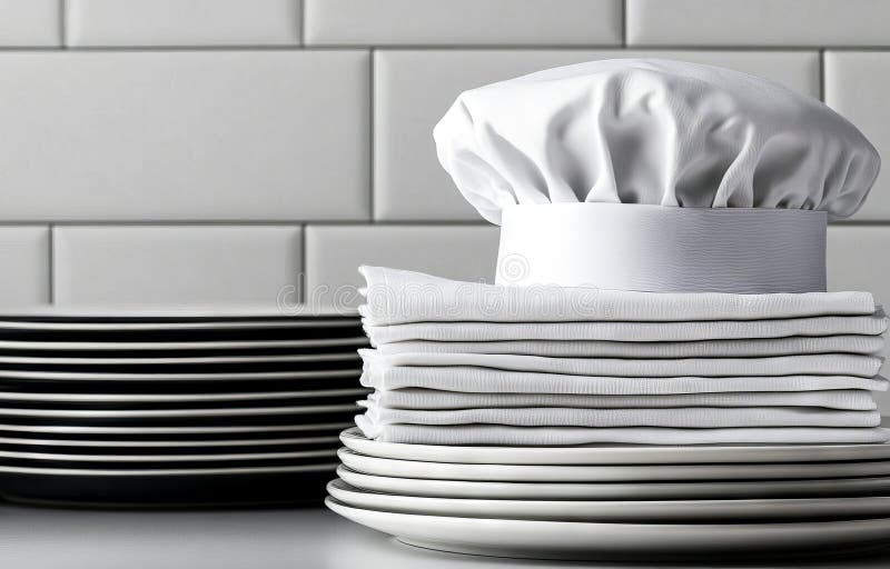 A Chef S Hat Sitting on Top of a Stack of Plates Stock Image - Image of ...