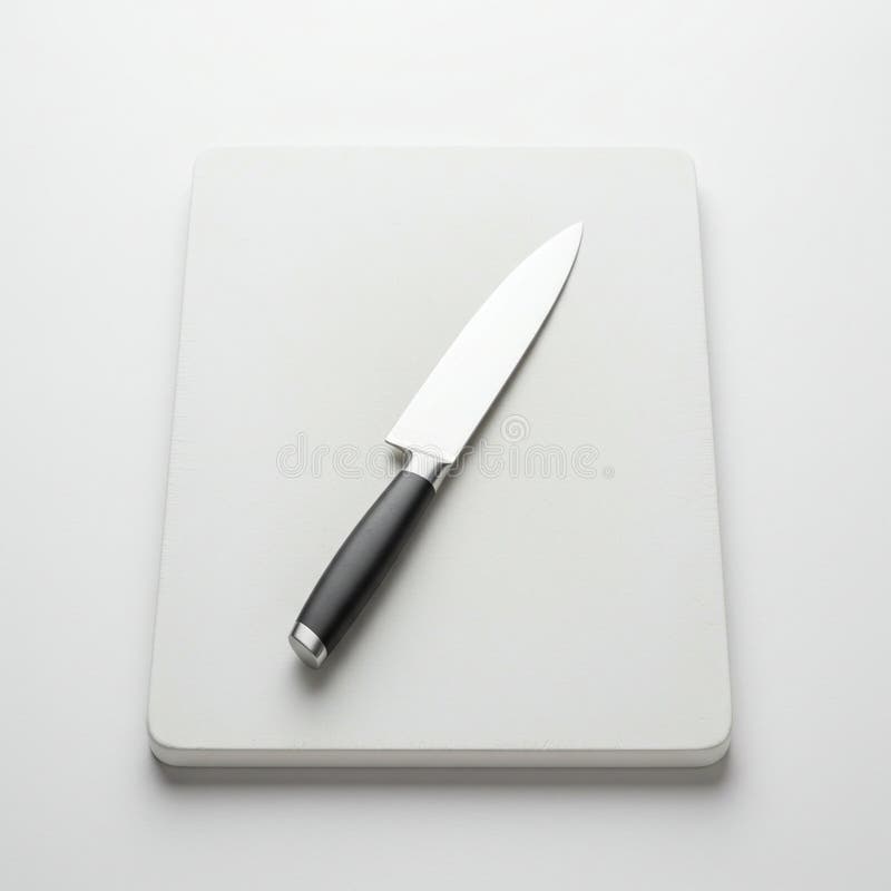 A Chef S Knife Rests on a Cutting Board. the Knife Features a Metallic ...