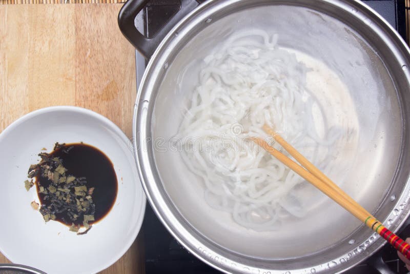 Chef Scald Udon Noodle in Pot Stock Photo - Image of food, healthy ...