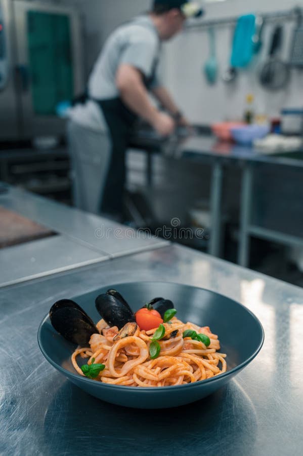 Chef Seafood Pasta with Mussels with Basil and Tomato Stock Image ...