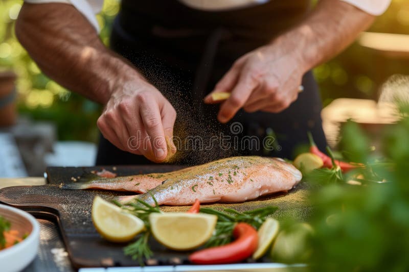 Chef Seasoning Fish on a Folding Table Stock Image - Image of culinary ...