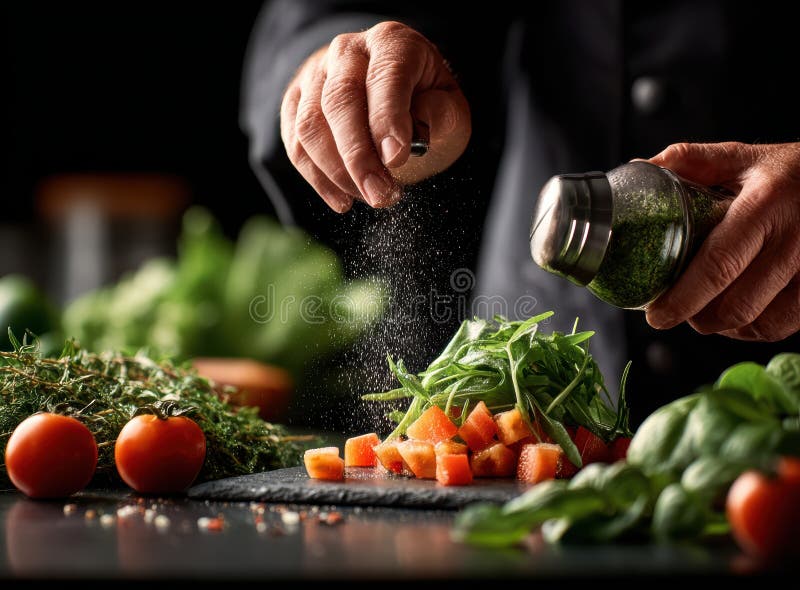 Chef Seasoning Fresh Vegetables with Salt and Spices in Professional ...