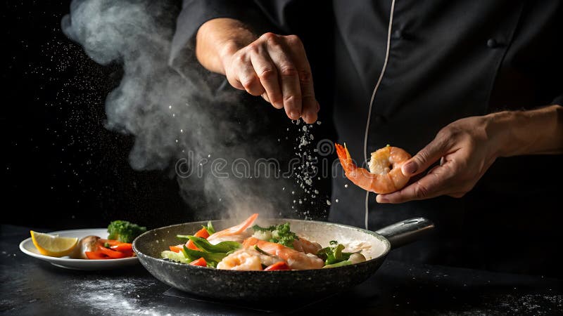 Chef Seasoning Shrimp in Pan with Vegetables Stock Illustration ...