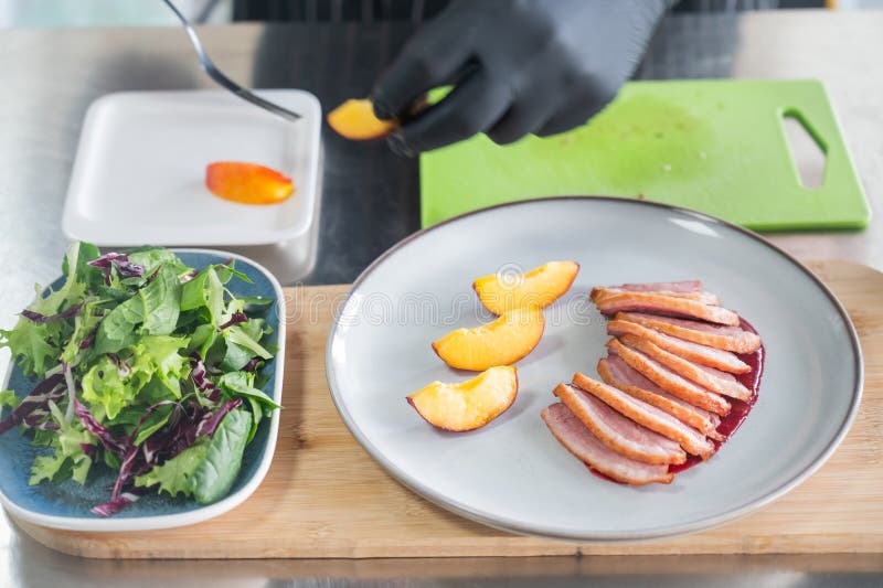 The Chef Serves Roast Duck. Stock Photo - Image of hands, roast: 381894678