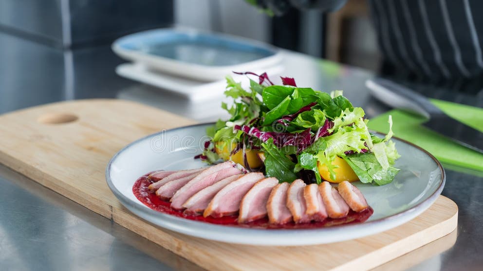 The Chef Serves Roast Duck. Stock Photo - Image of food, places: 391127570