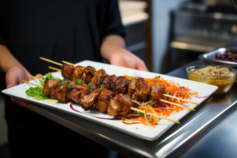 Chef Serving Cooked Pork Skewers on a Platter Stock Image - Image of ...