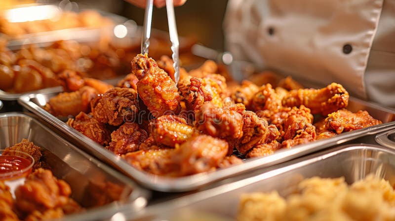 Chef Serving Crispy Fried Chicken Wings at a Buffet. Stock Image ...