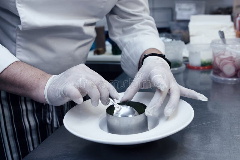 Chef is Serving Dish with Metal Ring, Toned Stock Image - Image of ...