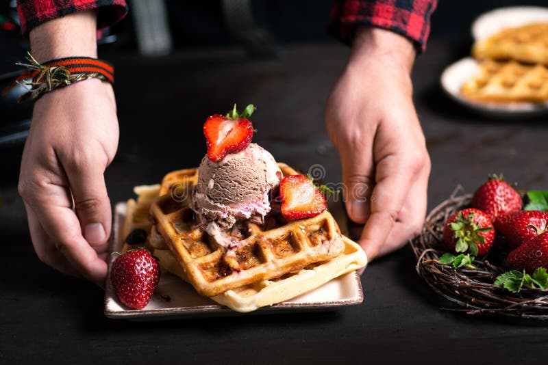 Chef Serving Freshly Made Waffle Dessert Stock Image - Image of healthy ...