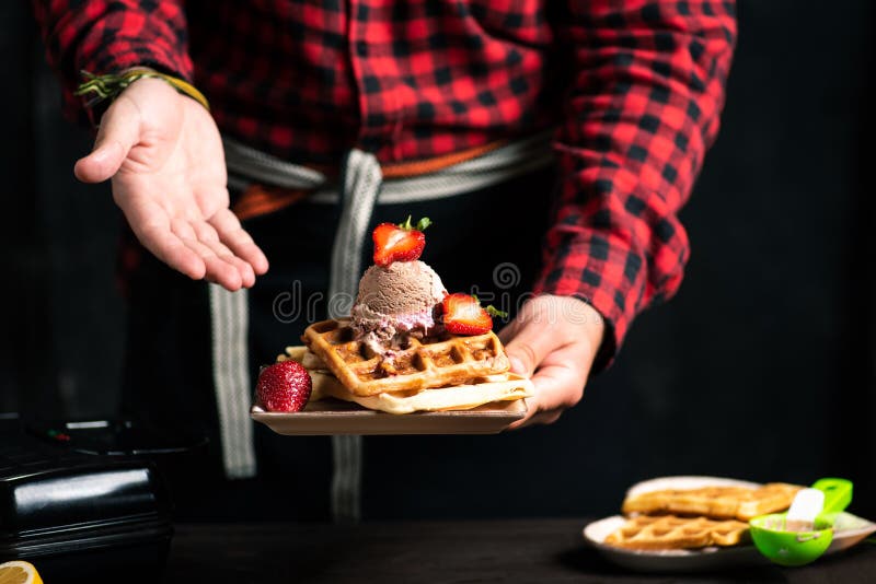 Chef Serving Freshly Made Waffle Dessert Stock Photo - Image of bakery ...