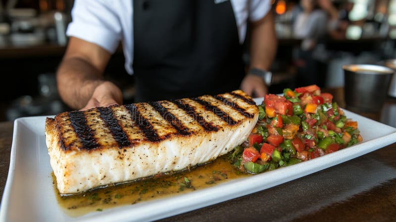Chef Serving Grilled Fish with Summer Vegetables. Restaurant Fine ...