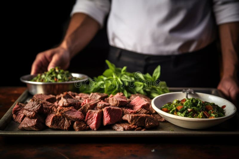 Chef Serving a Platter of Herb-marinated Goat Meat Stock Photo - Image ...