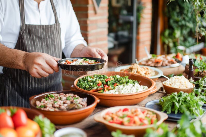 Chef Serving Healthy Food from Buffet Table at Restaurant Stock ...