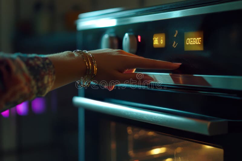 Hand Setting Temperature and Timer on Oven Panel, Preparing To Bake ...