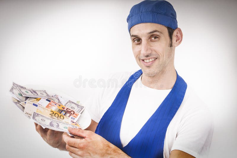 Chef shows banknotes stock image. Image of bank, banknotes - 57691495