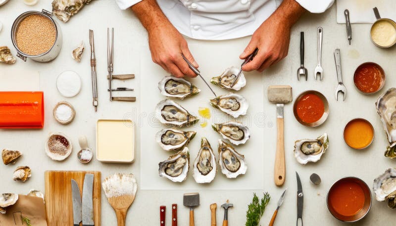 Chef Opening Fresh Oysters with Special Tools and Condiments Stock ...