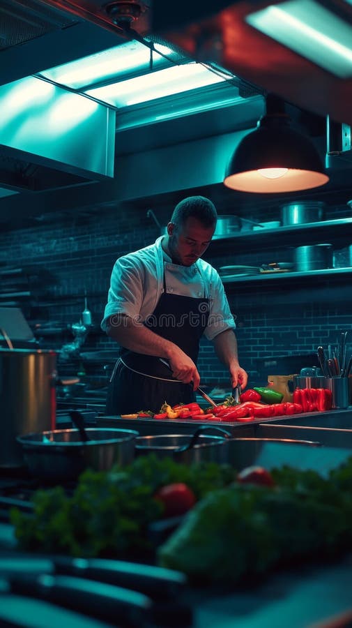 A Chef Skillfully Prepares Fresh Ingredients in a Modern Kitchen. the ...