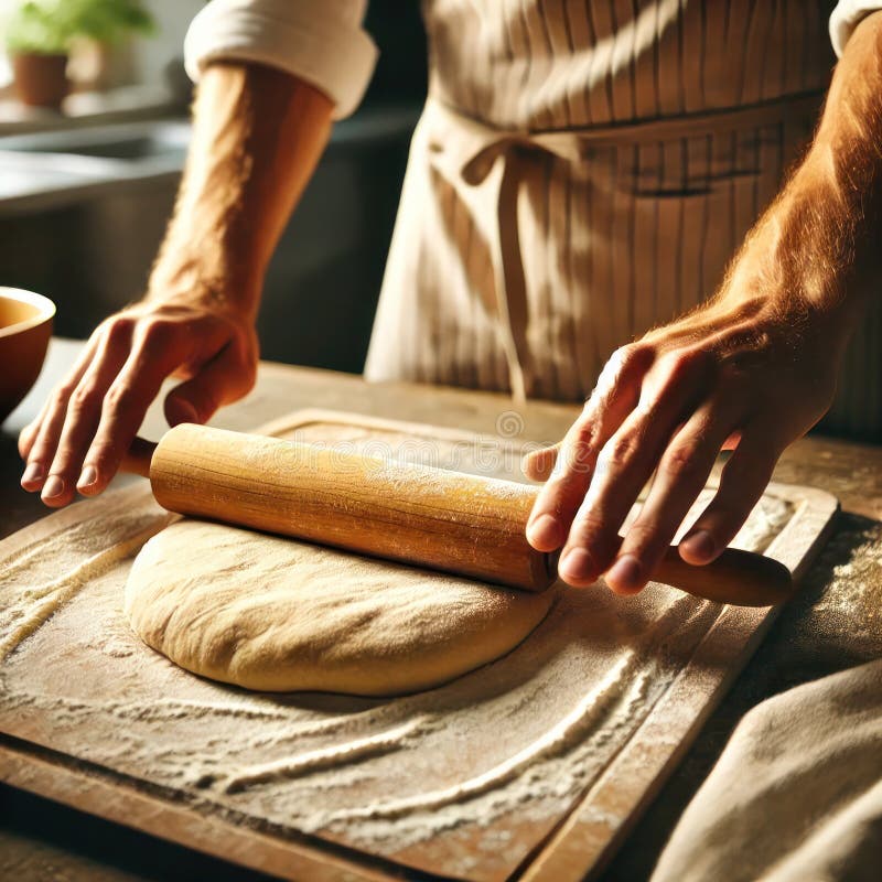 Chef Rolling Dough with Wooden Pin in Rustic, Cozy Kitchen Stock ...