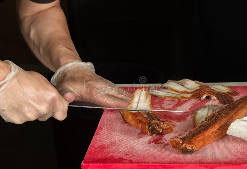 Chef slice fish stock photo. Image of restaurant, professional - 93366962