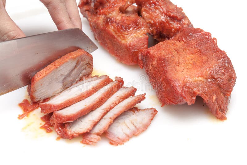 Chef Slice Roasted Red Pork into Small Pieces Stock Photo - Image of ...