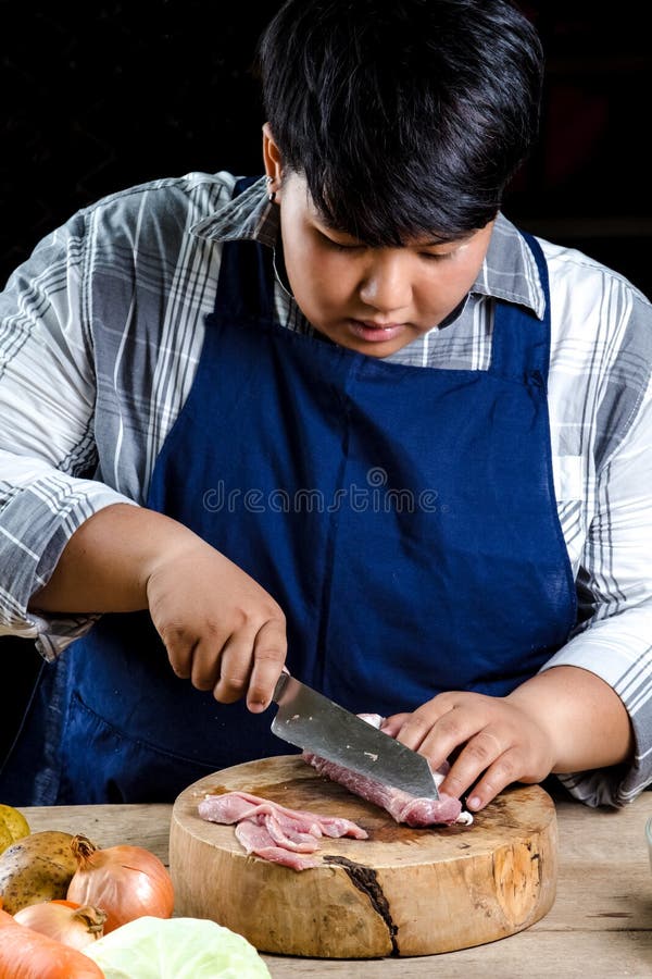 Chef Sliced Pork on Cutting Bord Stock Photo - Image of chop, steak ...