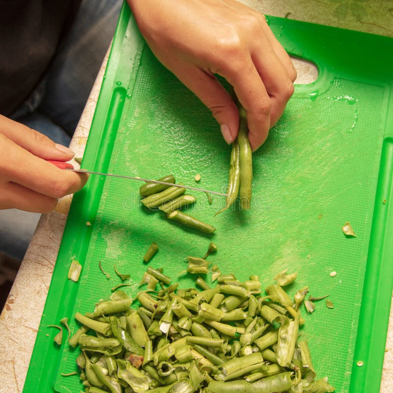 Chef Slices Green Beans on a Blackboard Stock Photo - Image of healthy ...