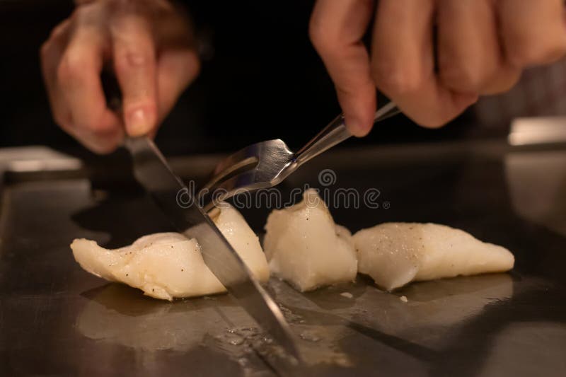 Chef Slicing Delicate Pieces of Snow Fish Stock Image - Image of ...