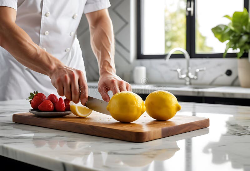 Chef Slicing Lemons on a Wooden Cutting Board. Generative AI Stock ...