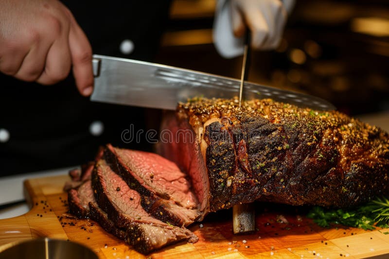 Chef Slicing a Perfectly Cooked Prime Rib on a Carving Board Stock ...