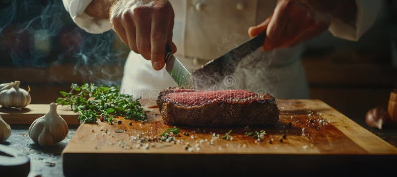 Chef Slicing Perfectly Seared Medium Rare Steak in Professional Kitchen ...