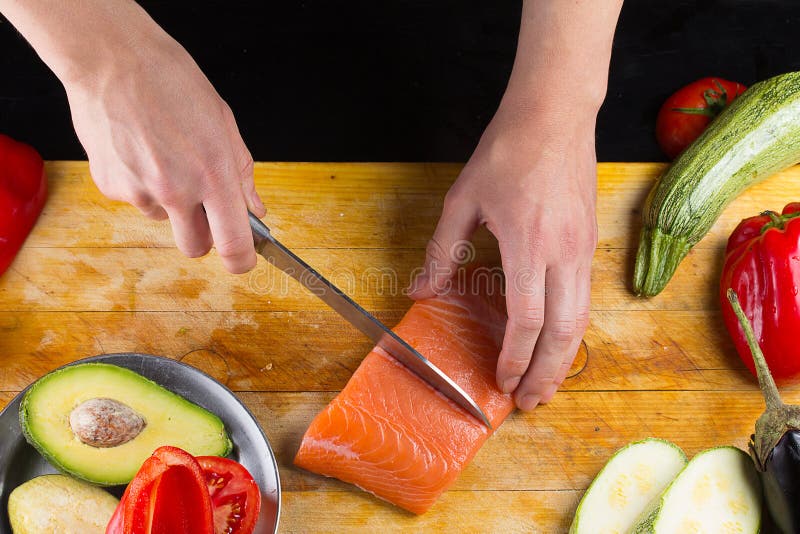Chef is Slicing Salmon Filett Stock Image - Image of filett, seafood ...