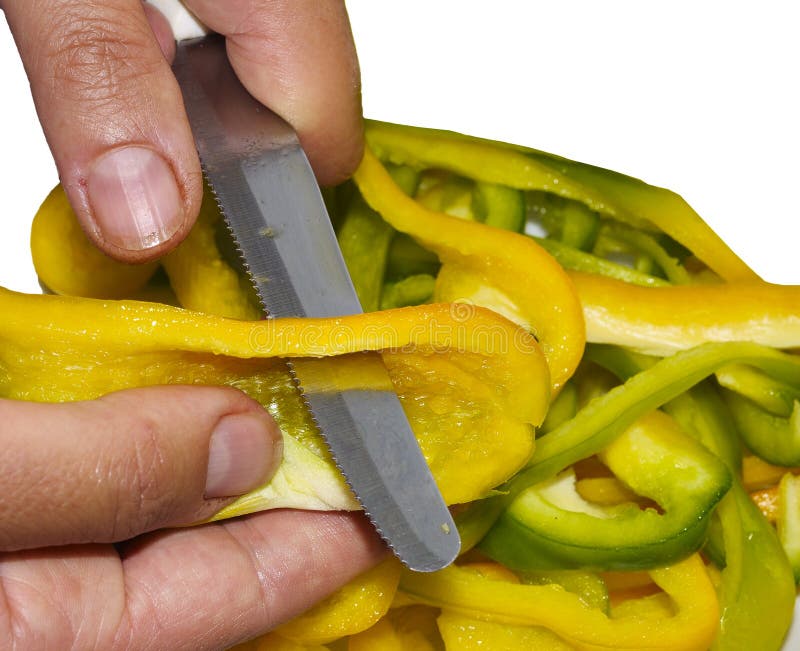 A Chef Slicing into Strips of Peppers Stock Image - Image of ...