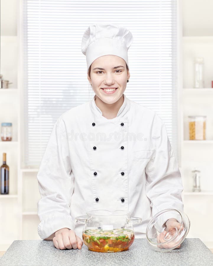 Chef with a Soup of Vegetables in a Glass Pot Stock Photo - Image of ...