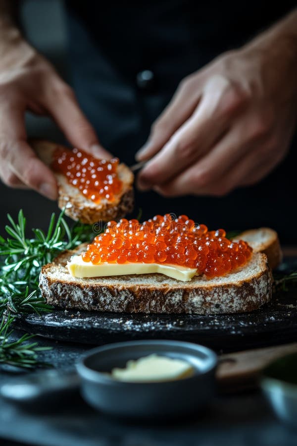 Chef Spreading Red Caviar on Buttered Bread Stock Photo - Image of food ...