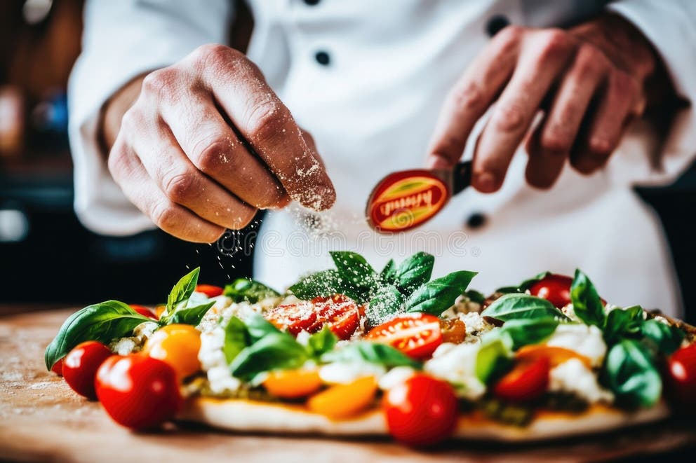 Chef Sprinkling Cheese on Fresh Vegetable Pizza Stock Image - Image of ...