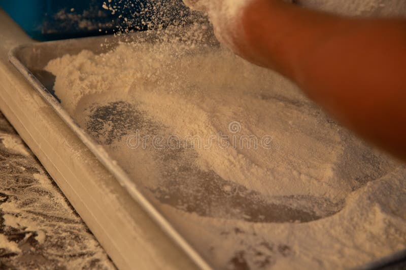 Chef Sprinkling Flour and Spreading it Stock Image - Image of oven ...