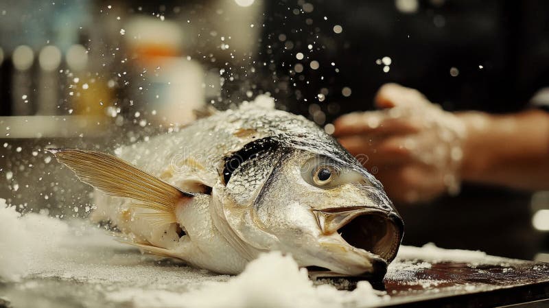 Chef Sprinkling Salt on Fresh Fish in Restaurant Kitchen Stock ...