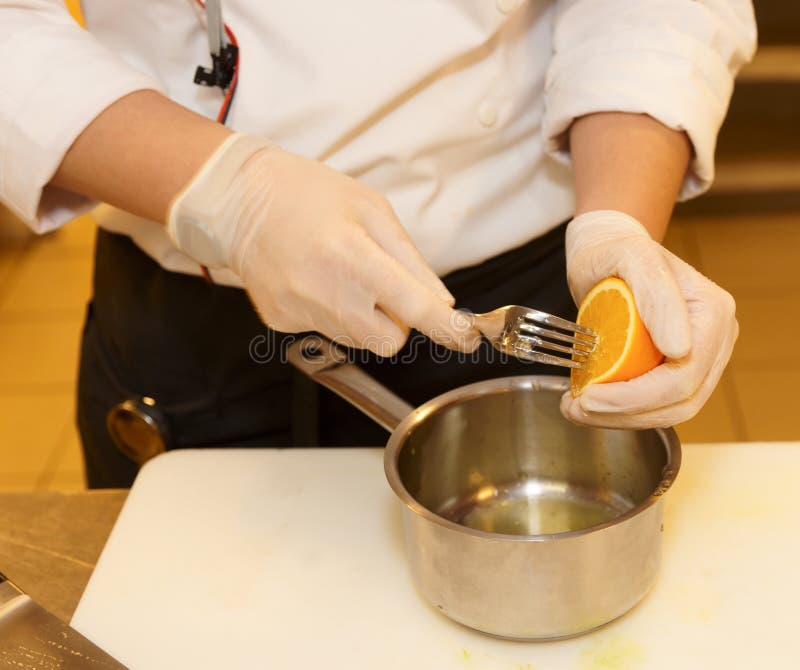 Chef is Squeezing Orange To Make Sauce Stock Photo - Image of meal ...