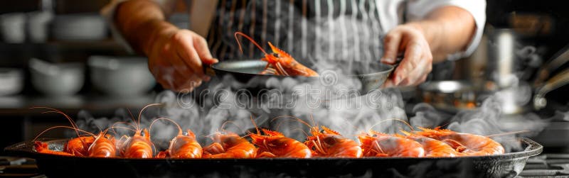 A Chef is Steaming Shrimp in a Pan on a Stovetop in a Commercial ...