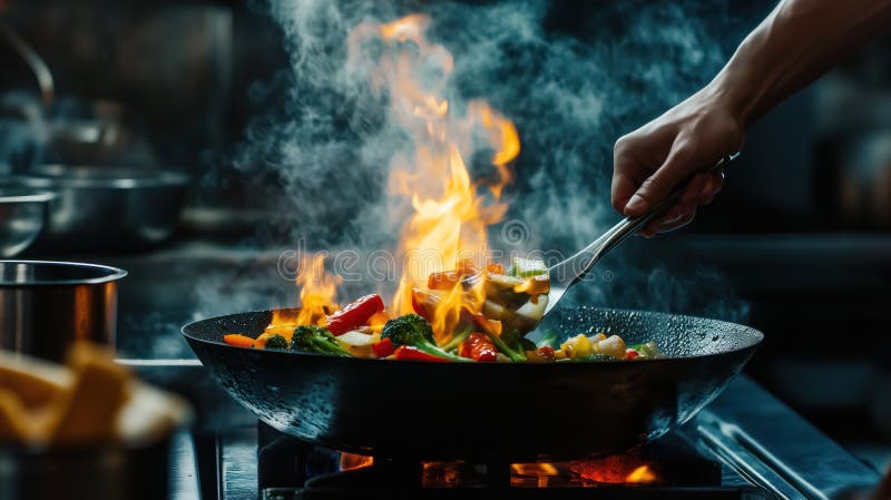 Chef Stir-frying Vegetables in a Wok Over an Open Flame Stock Image ...