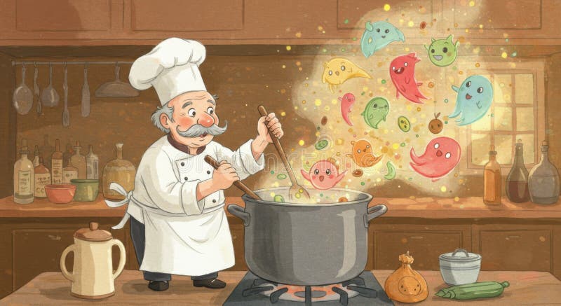 Chef Stirring Pot with Colorful Ghosts in a Cozy Kitchen Stock ...