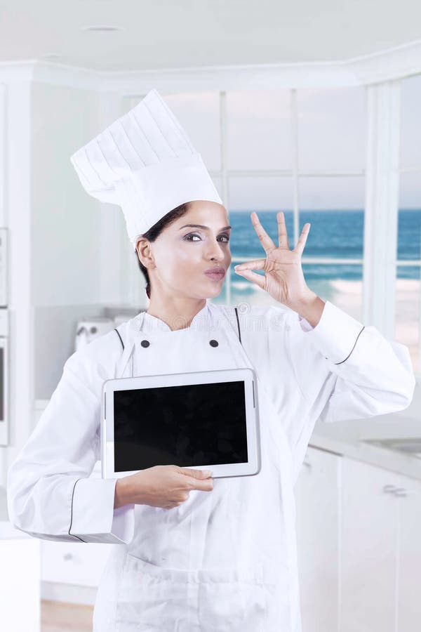 Chef with Tablet and Delicious Hand Gesture Stock Image - Image of ...