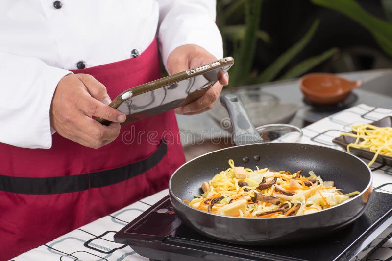Chef Take Photo with Tablet Stock Image - Image of standing, noodle ...