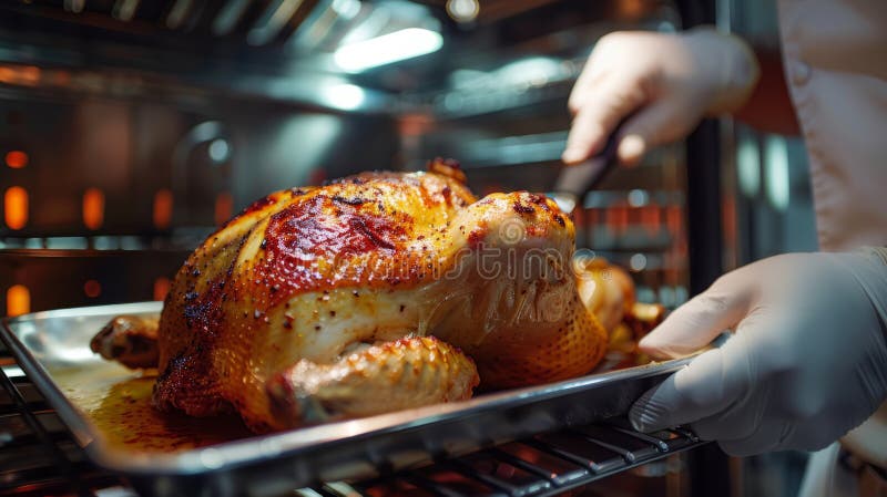 Chef Taking Roast Chicken Out of the Oven. Stock Photo - Image of ...